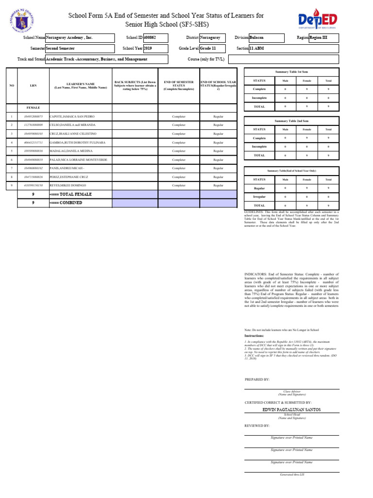 School Form 5A (SF 5A 11ABM) | PDF
