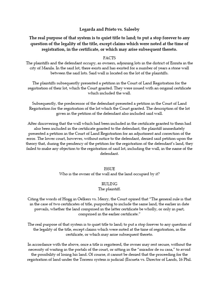 Legarda vs. Saleeby: Land Title Dispute | PDF | Civil Law (Common Law ...