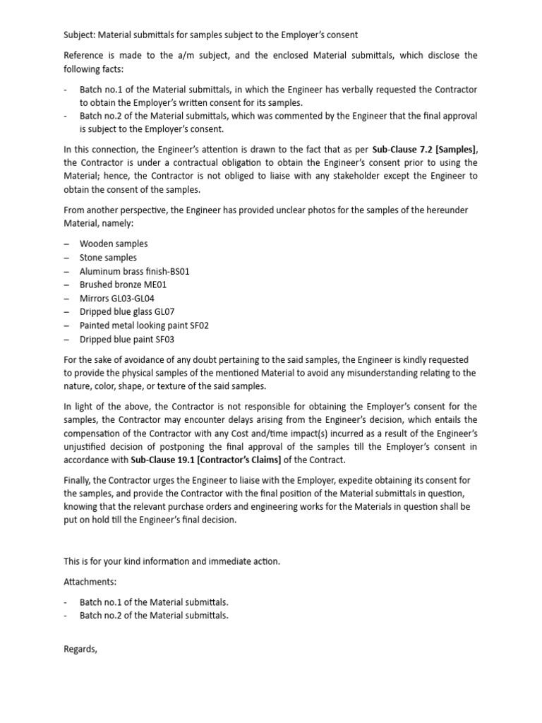 Material Submittals For Samples Subject To The Employer's Consent | PDF