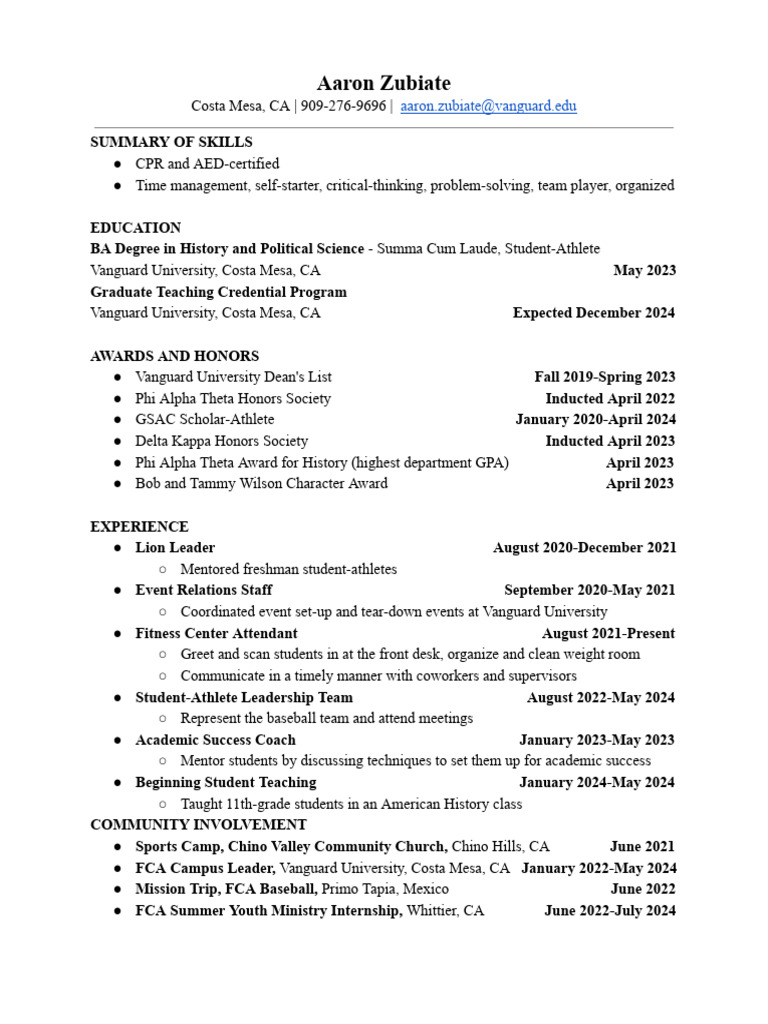 Aaron Zubiate Resume 1 | PDF | Academia