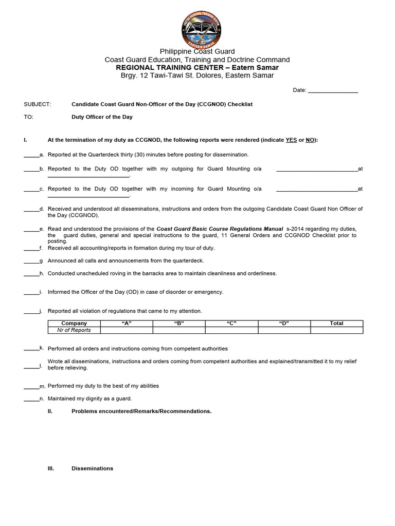 CCGNOD Checklist | PDF | Military