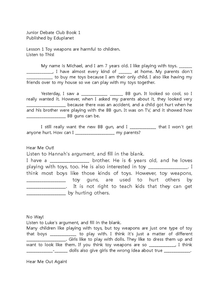 Junior Debate Club 1 Unit 1 Dictation | PDF | Toys