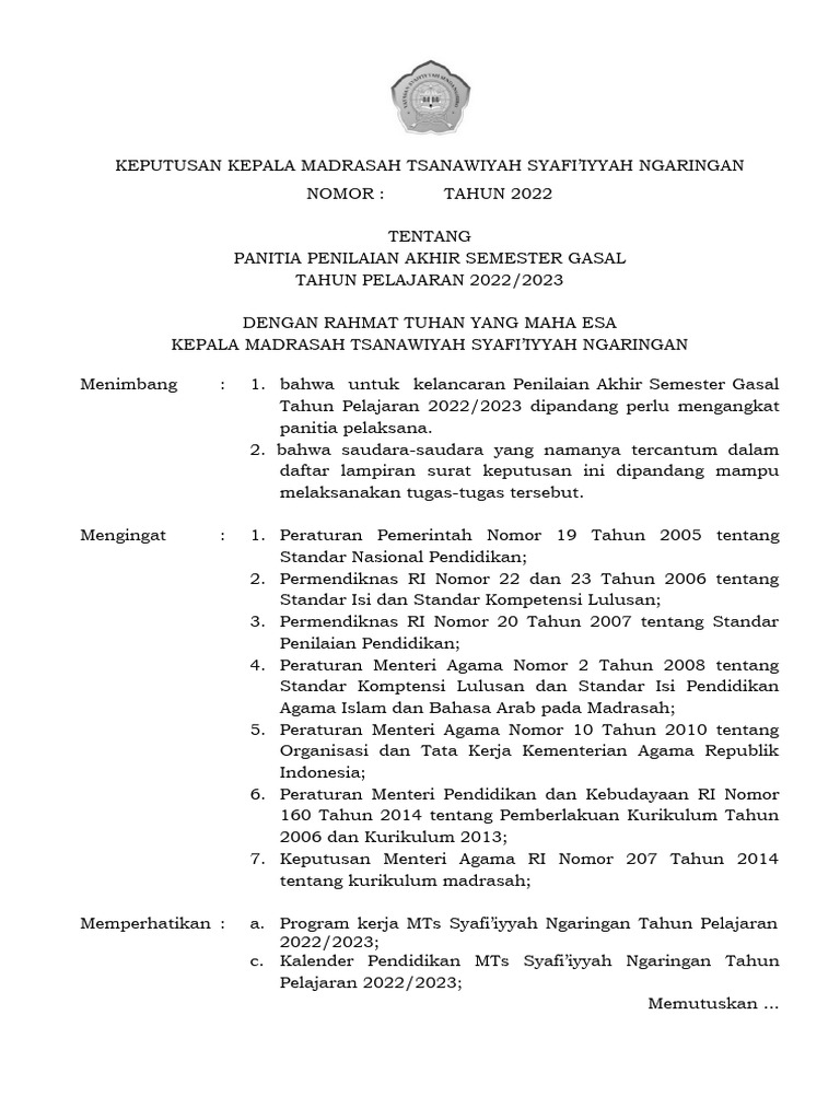 Contoh SK Panitia PAS GANJIL 2022 2023 | PDF