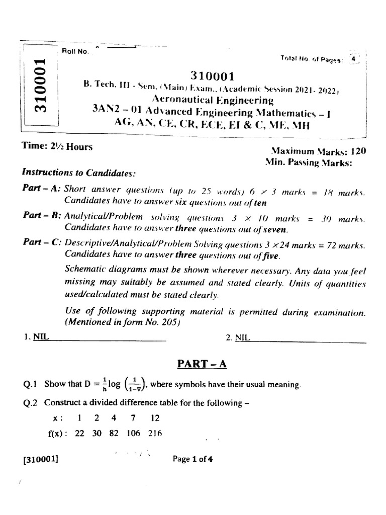 Btech 3 Sem Advanced Engineering Mathematics 1 310001 2022 | PDF