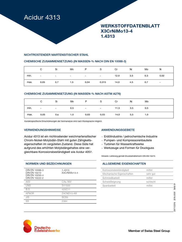 Acidur 4313: Werkstoffdatenblatt X3Crnimo13-4 1.4313 | PDF
