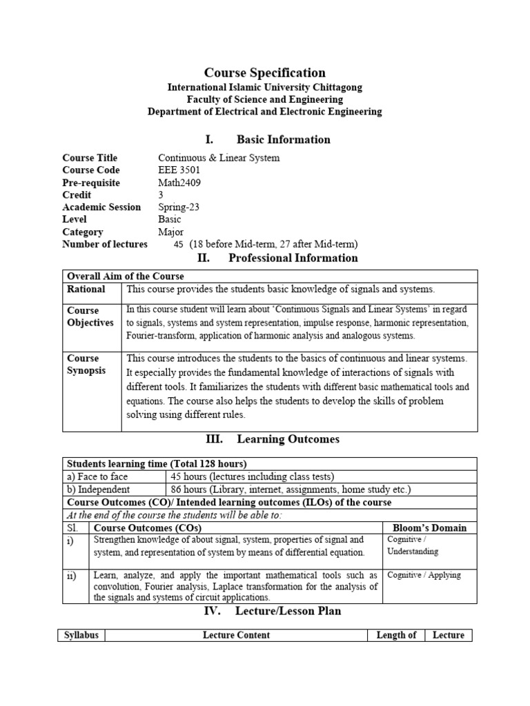 Course Specification - EEE-3501 | PDF | Fourier Transform | Laplace Transform