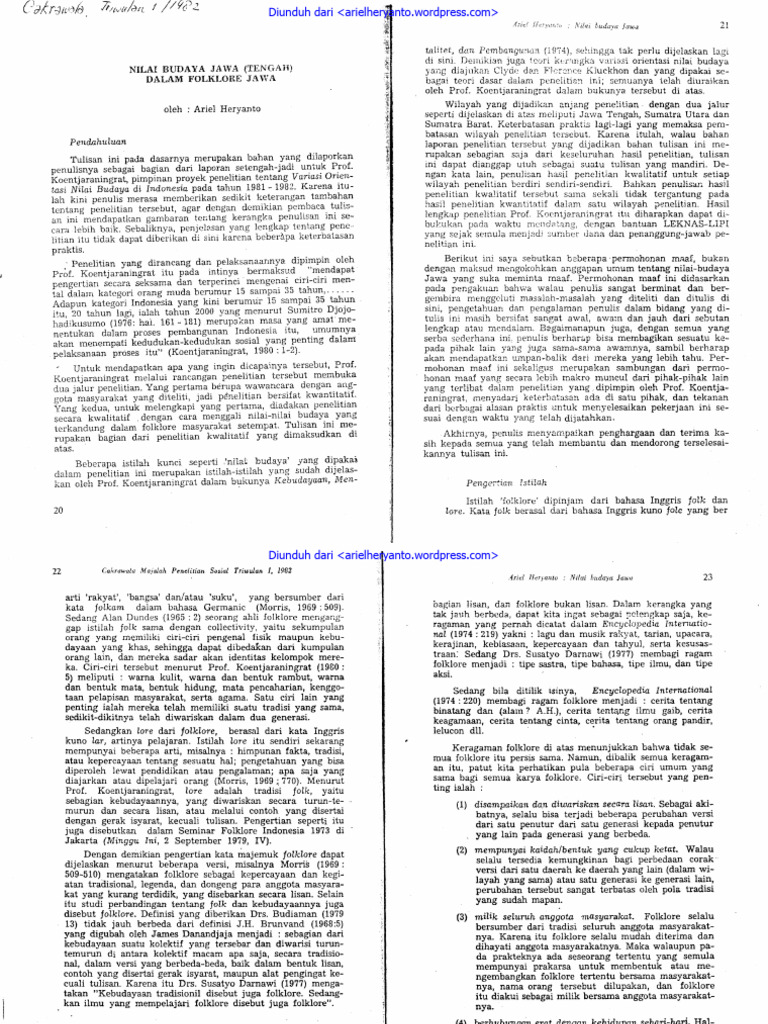 1982 01 Cakrawala Nilai Budaya Jawa Dalam Folklore C | PDF | Seni & Disiplin Bahasa | Kajian ...