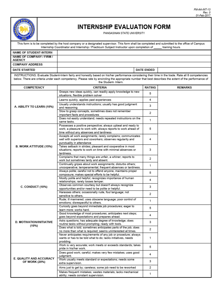 13 Internship Evaluation Form | PDF | Clothing | Hygiene