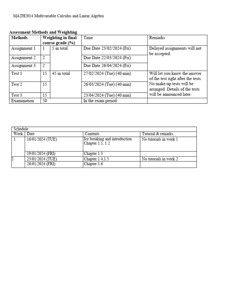 MATH2014schedule 2023 - 24 S2 | PDF | Educational Assessment And Evaluation | Student Assessment ...