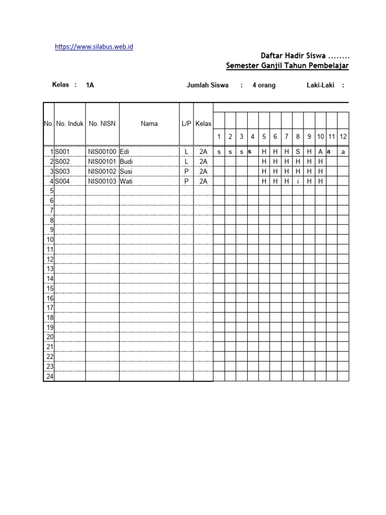 Contoh Absensi Siswa Rekap Otomatis Semester Ganjil | PDF