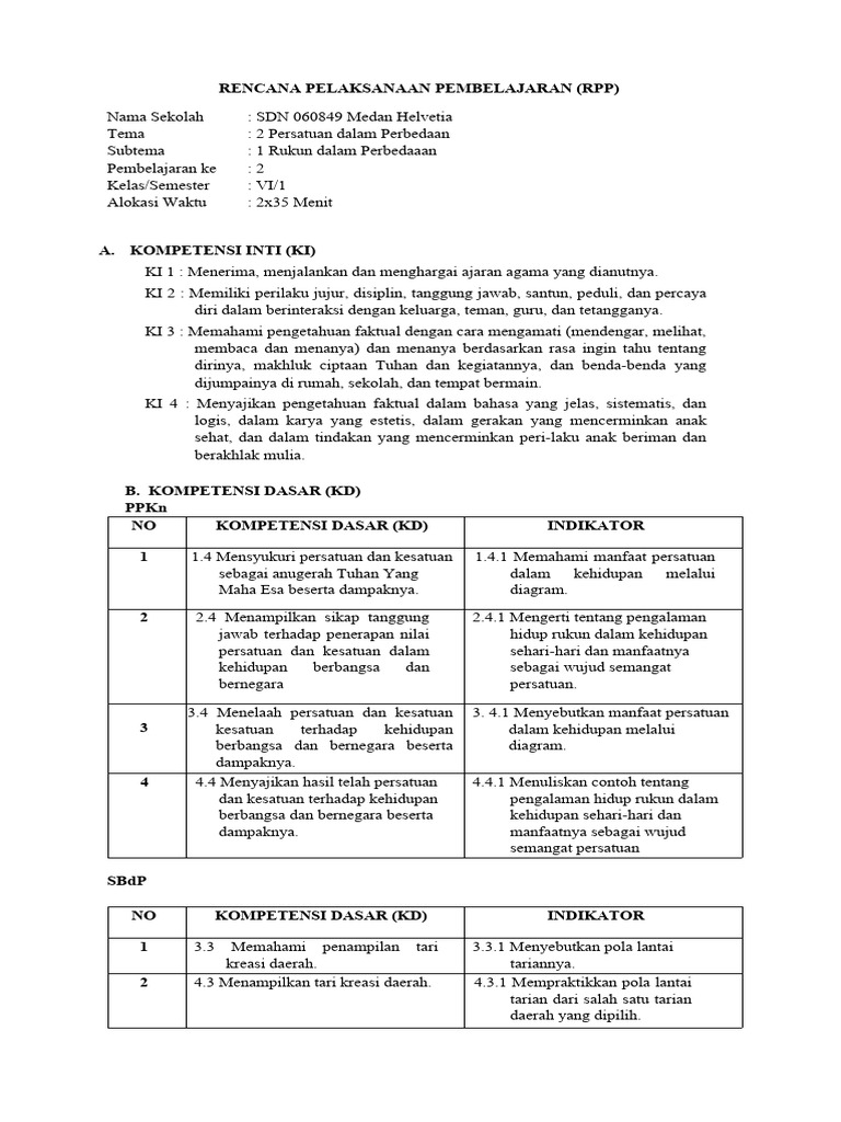 RPP Kelas 6: Persatuan dalam Perbedaan | PDF
