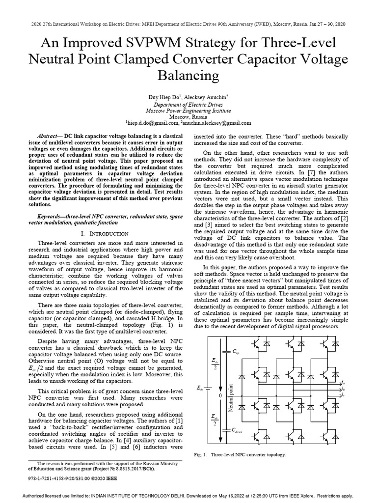 An Improved SVPWM Strategy For Three-Level Neutral Point Clamped Converter Capacitor Voltage ...