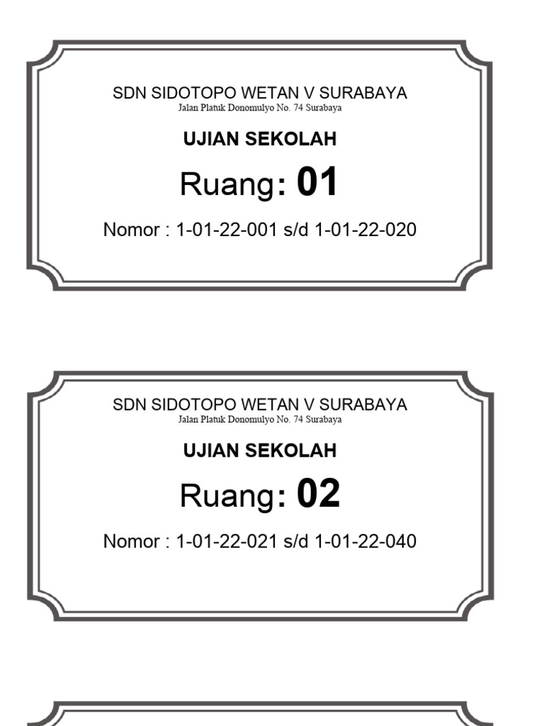 Nomor dan Ruang Ujian SDN Sidotopo | PDF