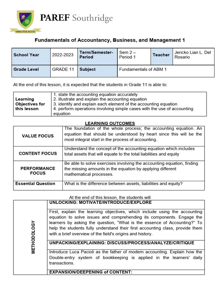 LESSON PLAN Accounting Equation PAREF PDF | Download Free PDF | Equity ...