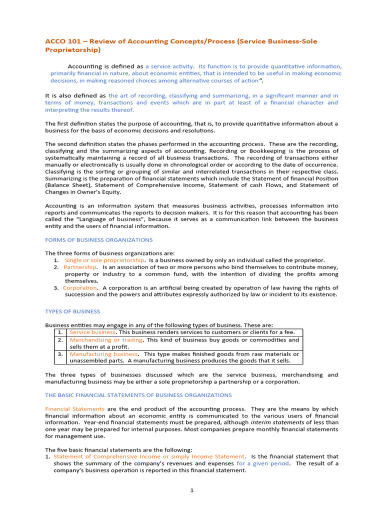 For ACCO 101 - Review of Accounting Concepts and Process (Part 1) | PDF ...