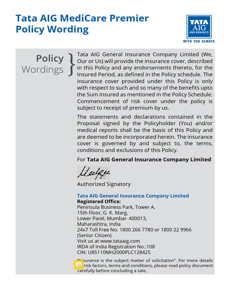 Tata Aig Medicare Premier Policy Wording | PDF | Hospital | Insurance