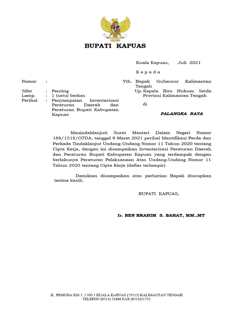 Surat Pengantar Bupati 2021 | PDF