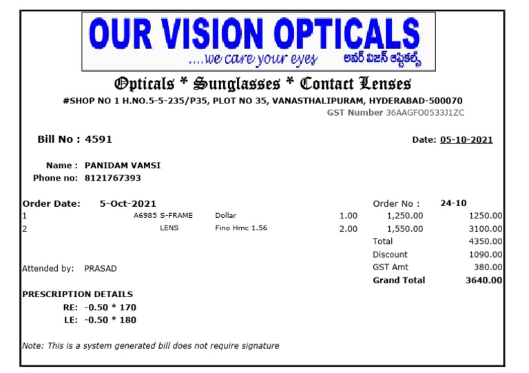 Vamsi Optical Bill | PDF