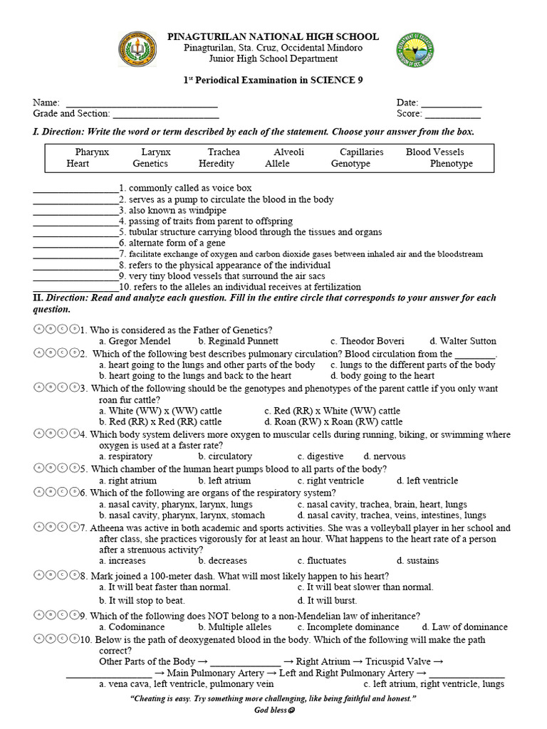 Science 9 1st Periodical Exam Guide | PDF | Atrium (Heart) | Heart
