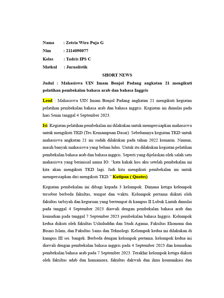Pelatihan Bahasa Mahasiswa UIN 2023 | PDF | Perjalanan