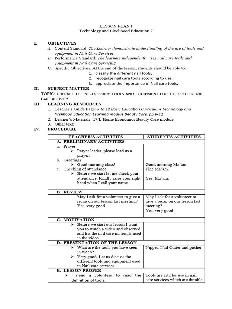 Lesson Plan Lesson 1&2 Unit 3 Nail Care | Download Free PDF | Nail ...