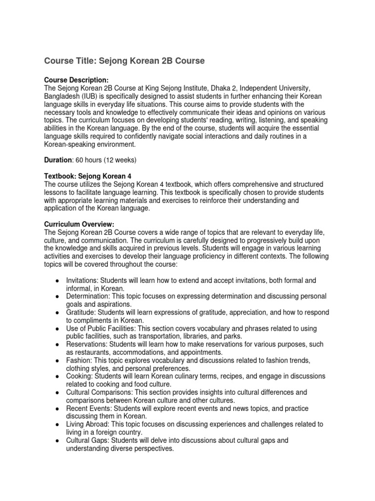 Course Title: Sejong Korean 2B Course | PDF | Korean Language | Curriculum