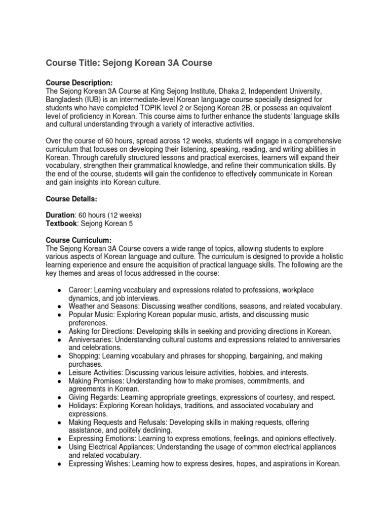 Course Title: Sejong Korean 3A Course | PDF | Language Education ...