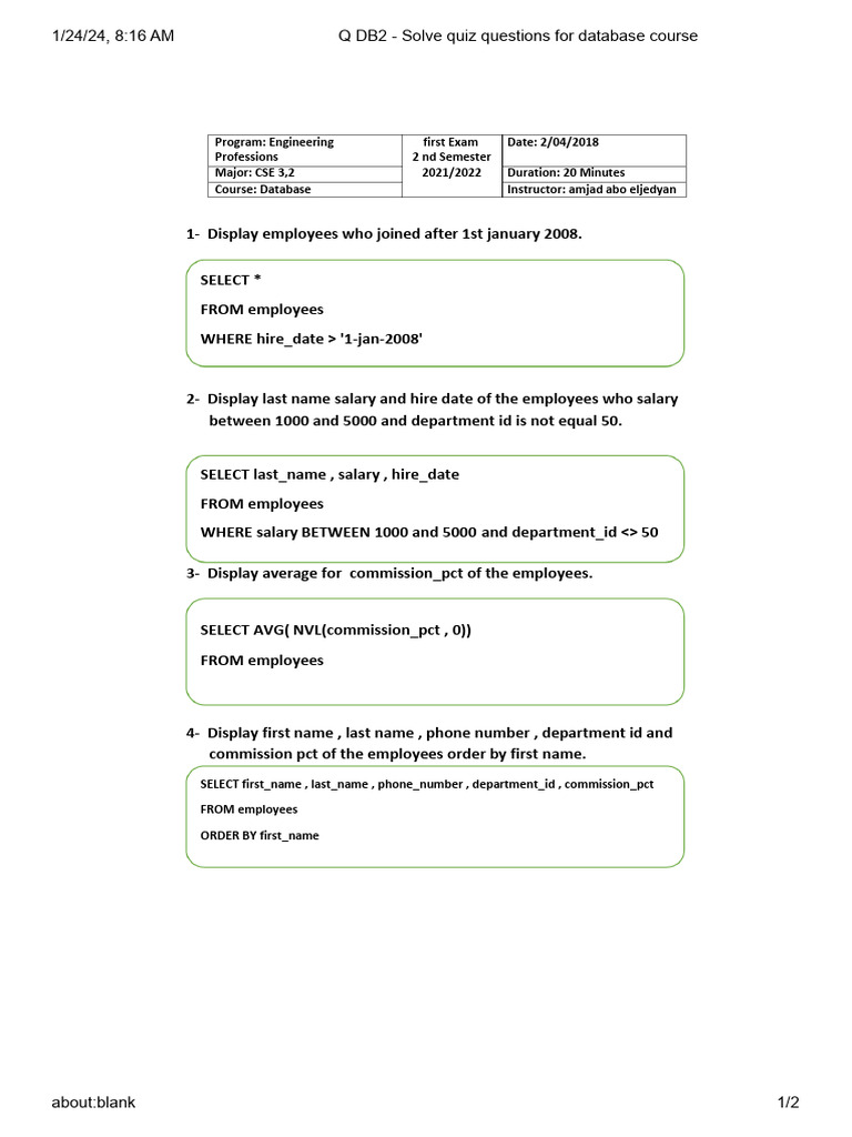 Q DB2 - Solve Quiz Questions For Database Course | PDF | Data Management | Databases