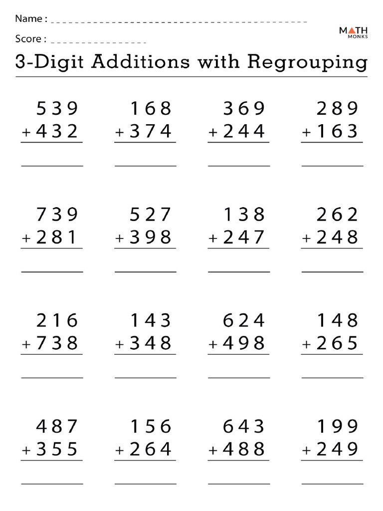 3 Digit Addition With Regrouping Worksheets | PDF
