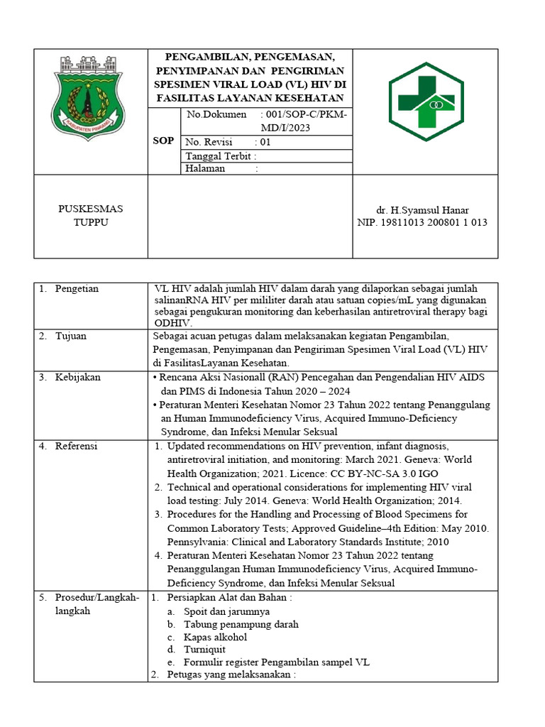 SOP VIRAL LOAD Puskesmas Tuppu Kabupaten Pinrang | PDF