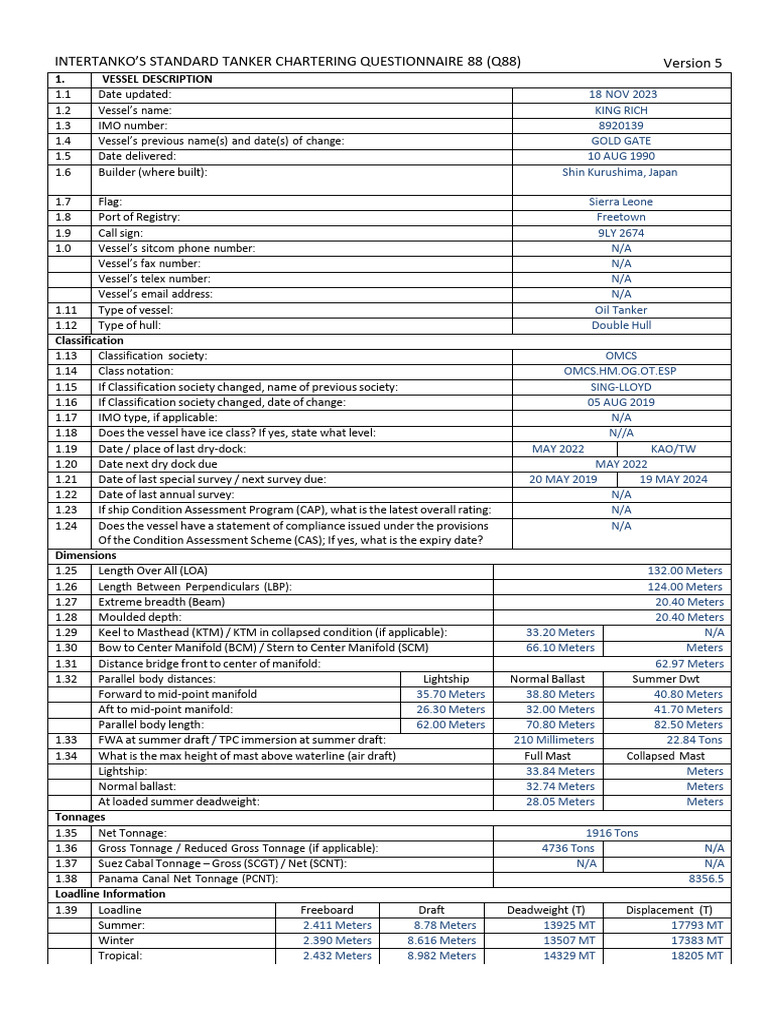 Q88 King Rich 2031118 | PDF | Tonnage | Oil Tanker