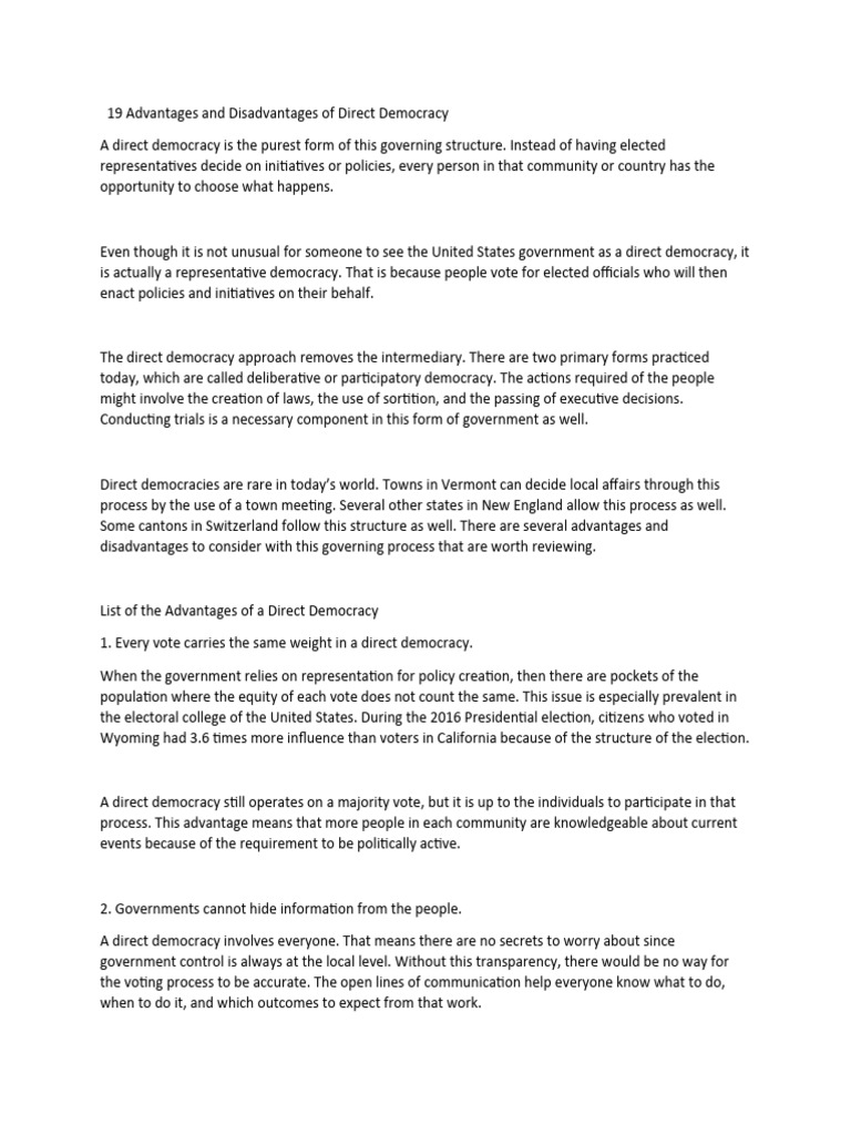 19 Advantages and Disadvantages of Direct Democracy | PDF | Democracy ...