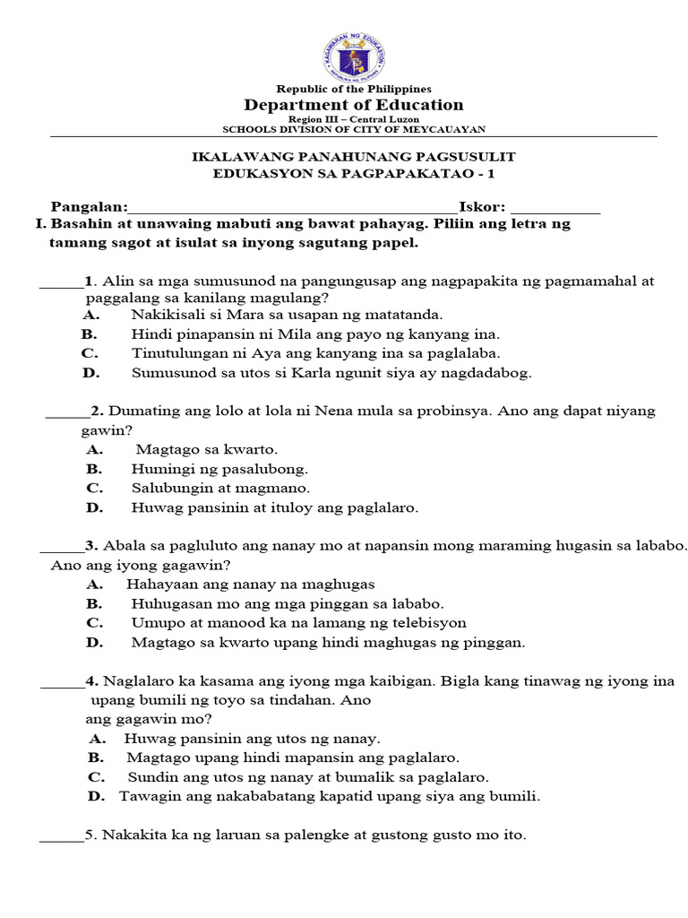 2nd QA ESP GRADE 1 DIVISION FINAL | PDF 2nd QA ESP GRADE 1 DIVISION FINAL | PDF