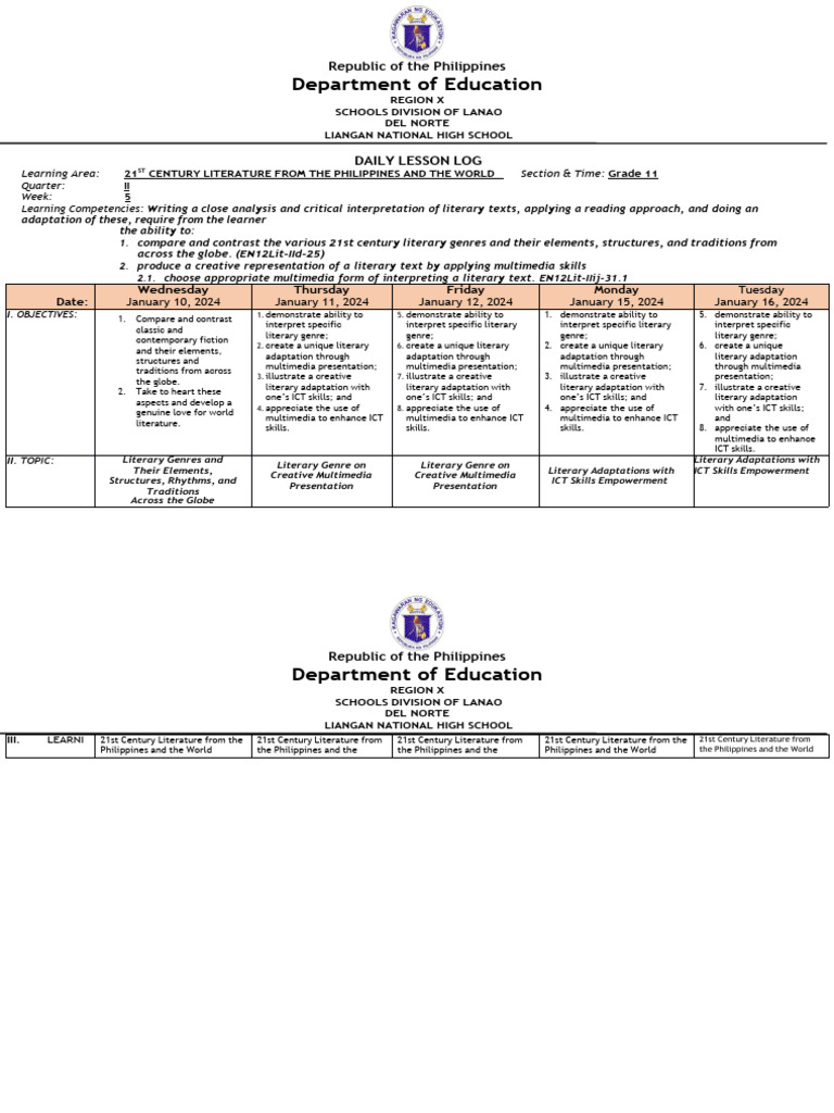 21st Century Literature DLL Quarter 2 Week 5 | PDF | Multimedia | Learning 21st Century Literature DLL Quarter 2 Week 5 | PDF | Multimedia | Learning
