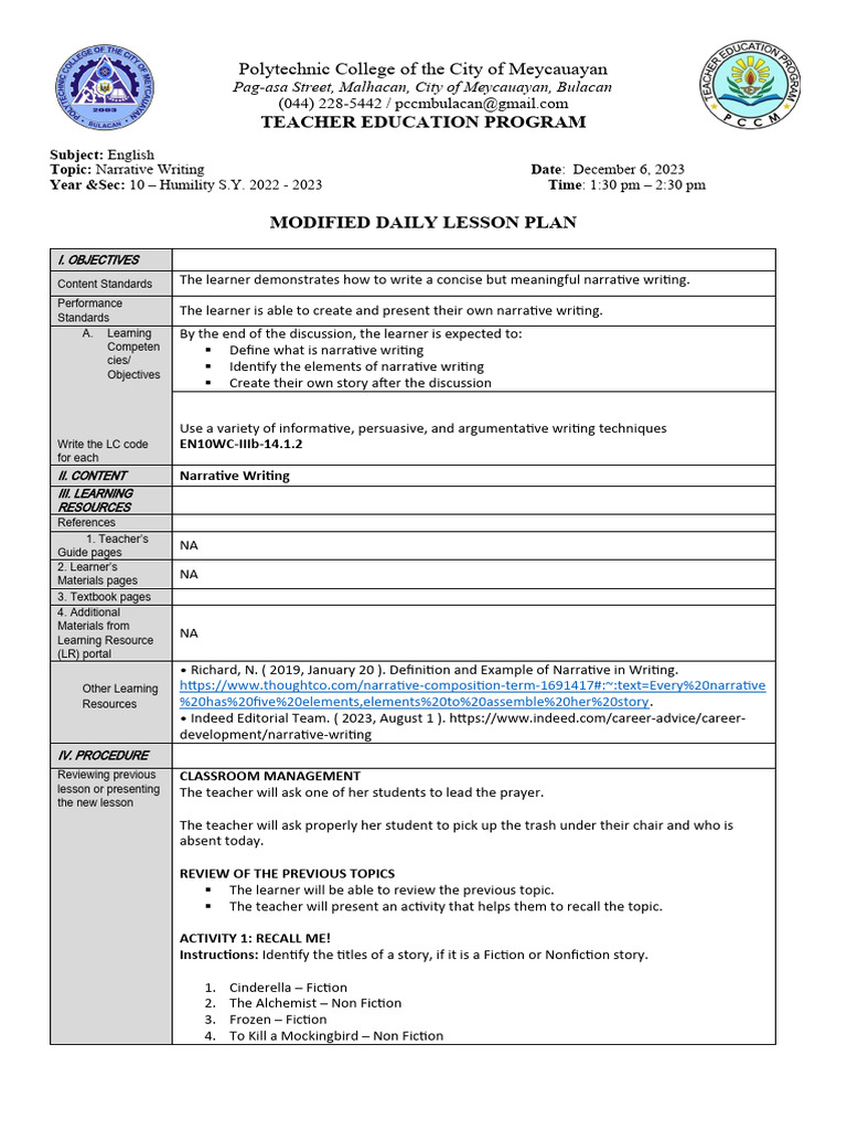 LP Narrative Writing | PDF | Plot (Narrative) | Narrative