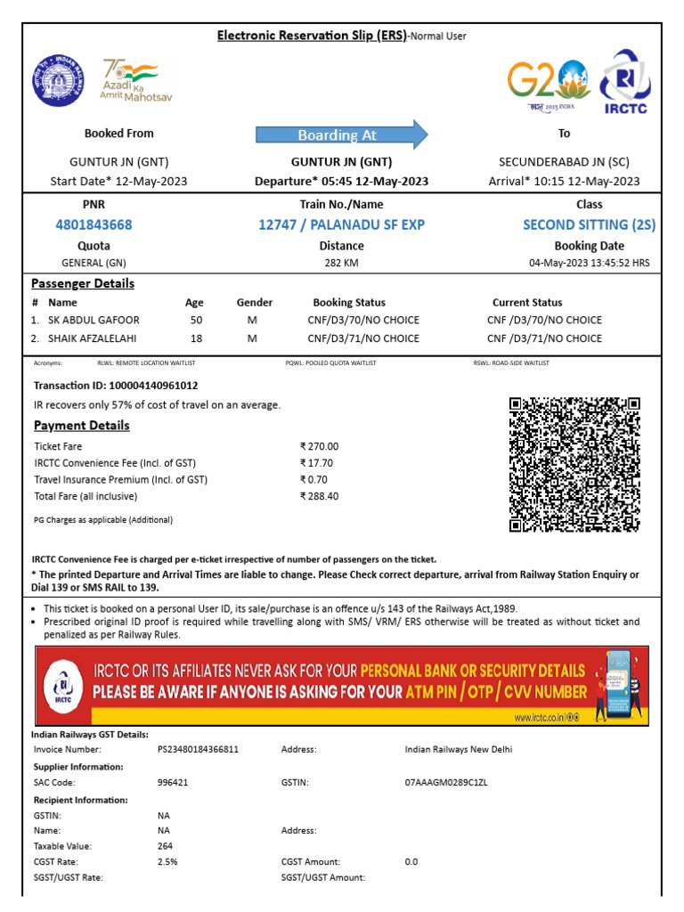 Palanadu SF Exp Second Sitting (2S) : Electronic Reserva On Slip (ERS) | PDF | Identity Document ...