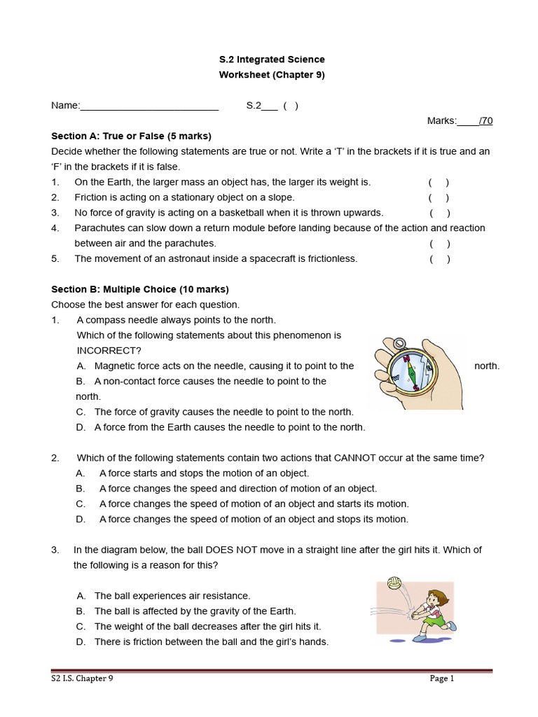 S.2 Integrated Science Worksheet (Chapter 9) | PDF | Force | Space Suit