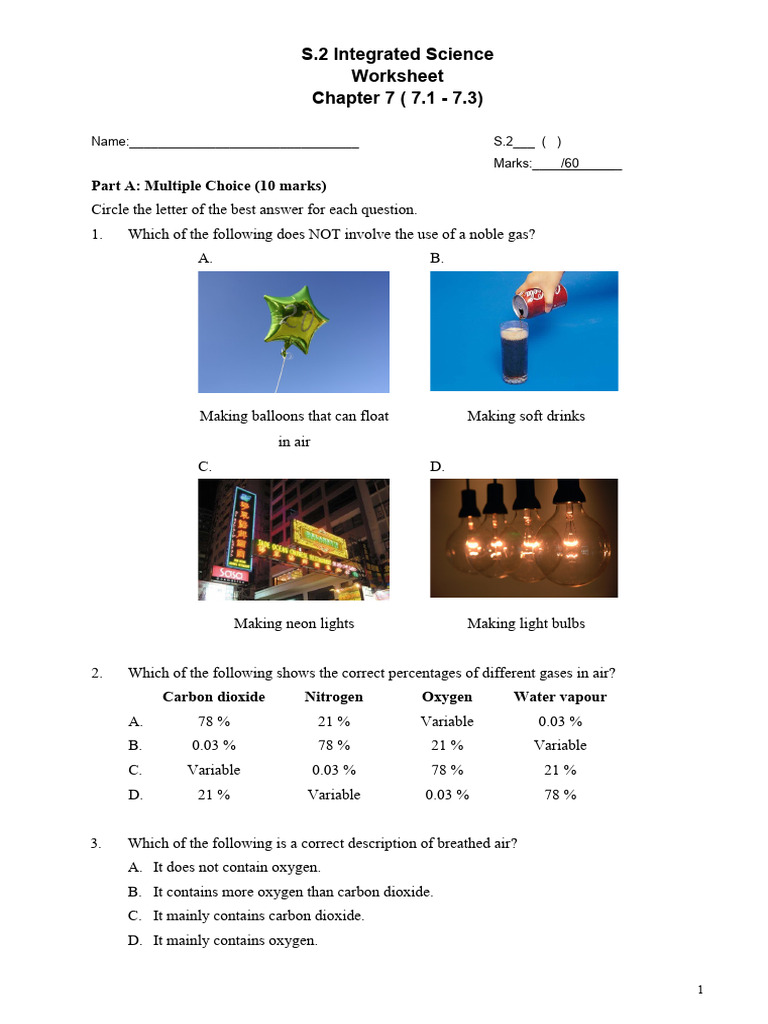 S.2 Integrated Science Worksheet Chapter 7 (7.1 - 7.3) : Part A ...