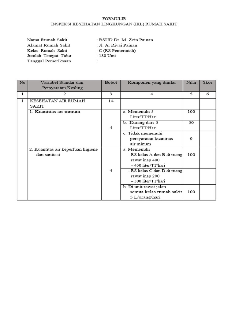 Formulir Inspeksi Kesehatan RS | PDF