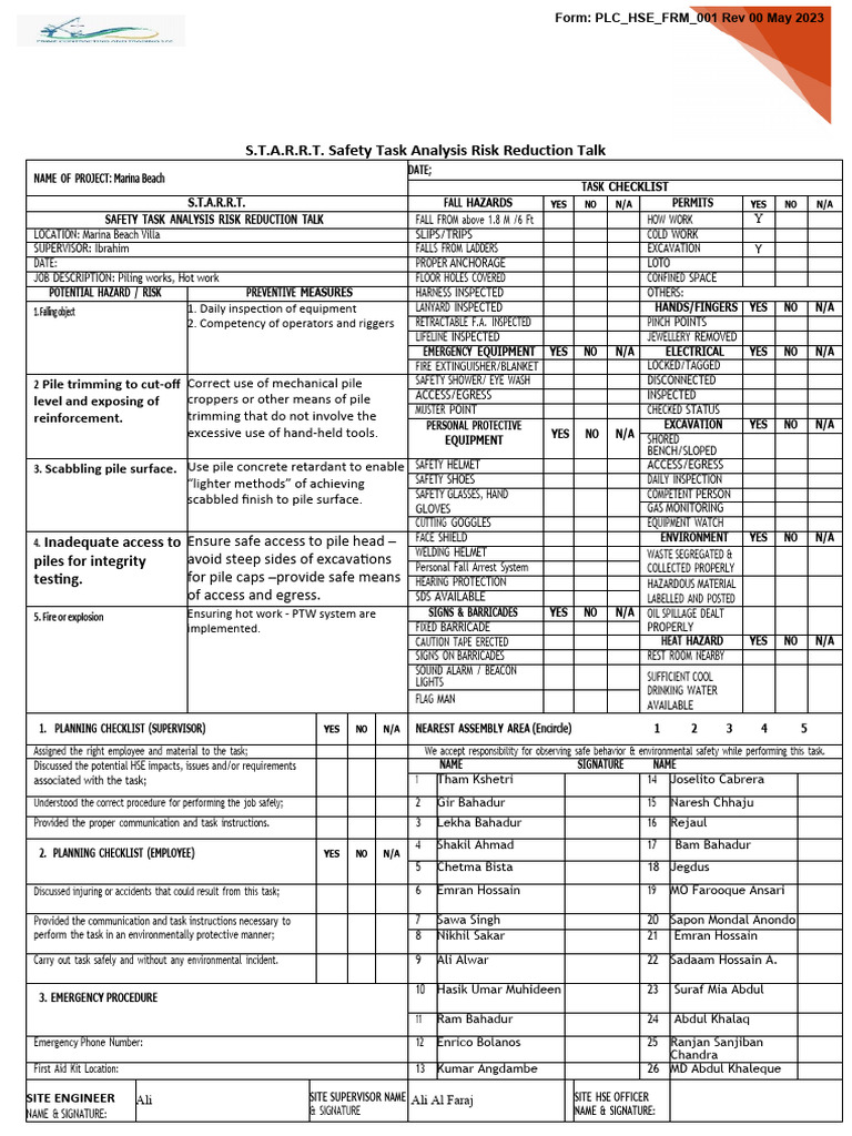 PRI-HSE-FRM-004 Starrt-Card Rev 00 | Download Free PDF | Safety ...