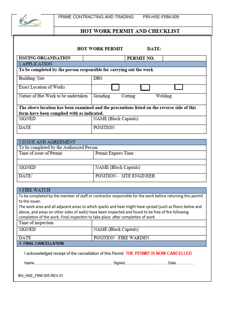 Pri-Hse-Frm-009 Hot Work Permit | PDF | Industrial Processes | Safety