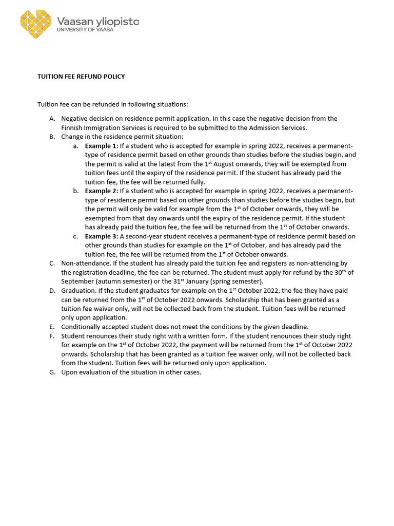 University of Vaasa Fee Refund Policy | PDF | Fee | Tuition Payments