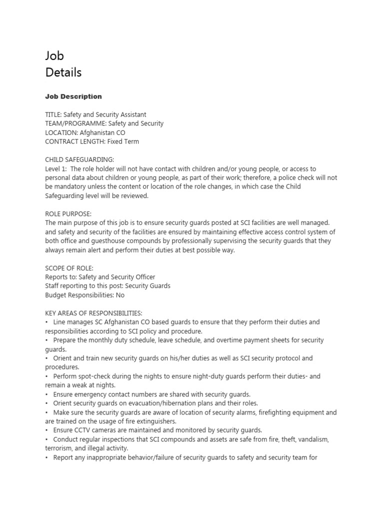 Safety and Security Assistant JD | PDF | Security Guard | Safety