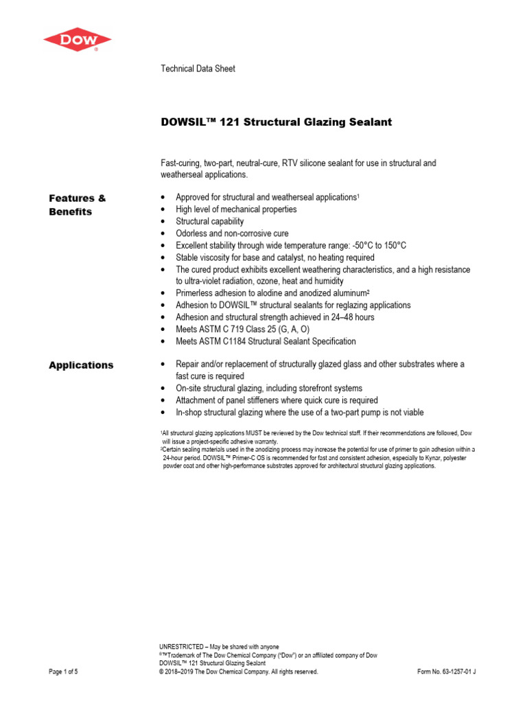 DOWSIL 121 Structural Glazing Sealant Product Data 1799934 | PDF | Secondary Sector Of The ...