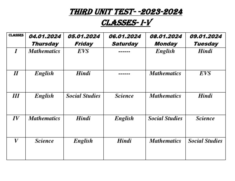 Third Unit Test Time Table Classes I V 1 | PDF