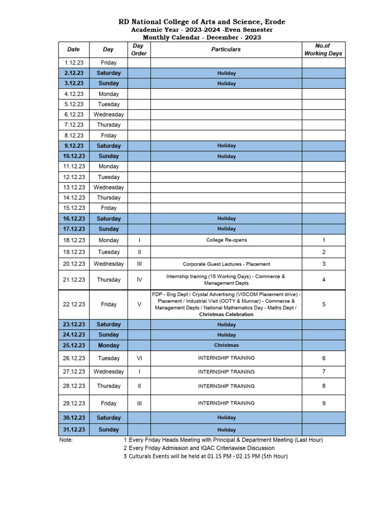 RD National College Academic Calendar 2023-24 | PDF | Academic Term