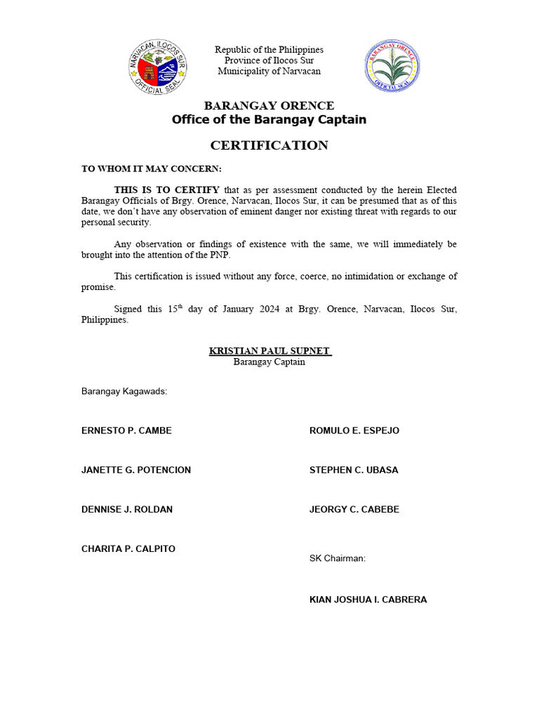 SAMPLE CERTIFICATION BRGY. ORENCEdocx | PDF