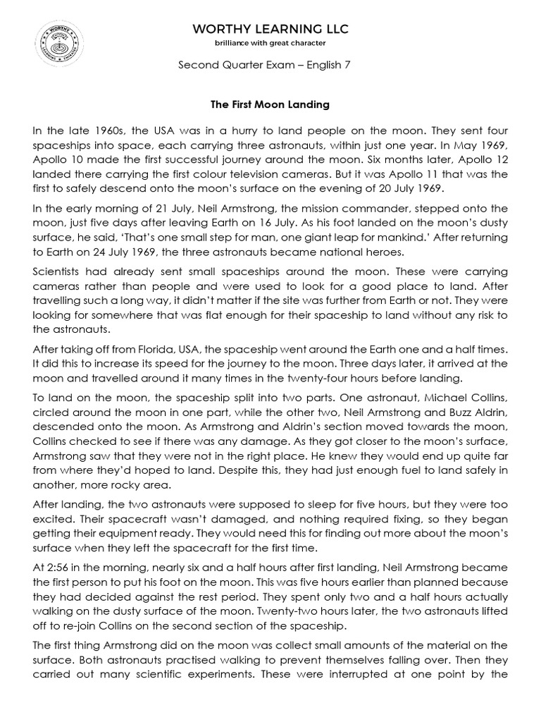 2023-24 Q2 English 7 - The First Moon Landing | PDF | Apollo 11 | Neil ...