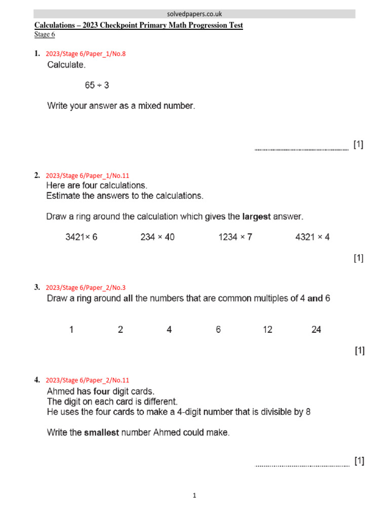 2023-Calculations-Checkpoint Primary Math Progression Stage-6 | PDF