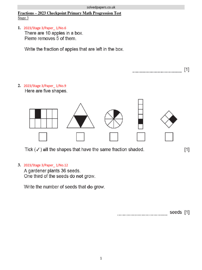 2023-Fractions-Checkpoint Primary Math Progression Stage-3 | PDF